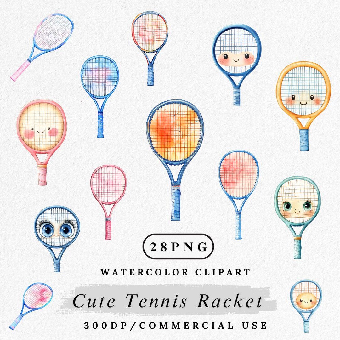 Watercolor Tennis Racket Clipart Bundle: Sports Illustrations (PNG ...