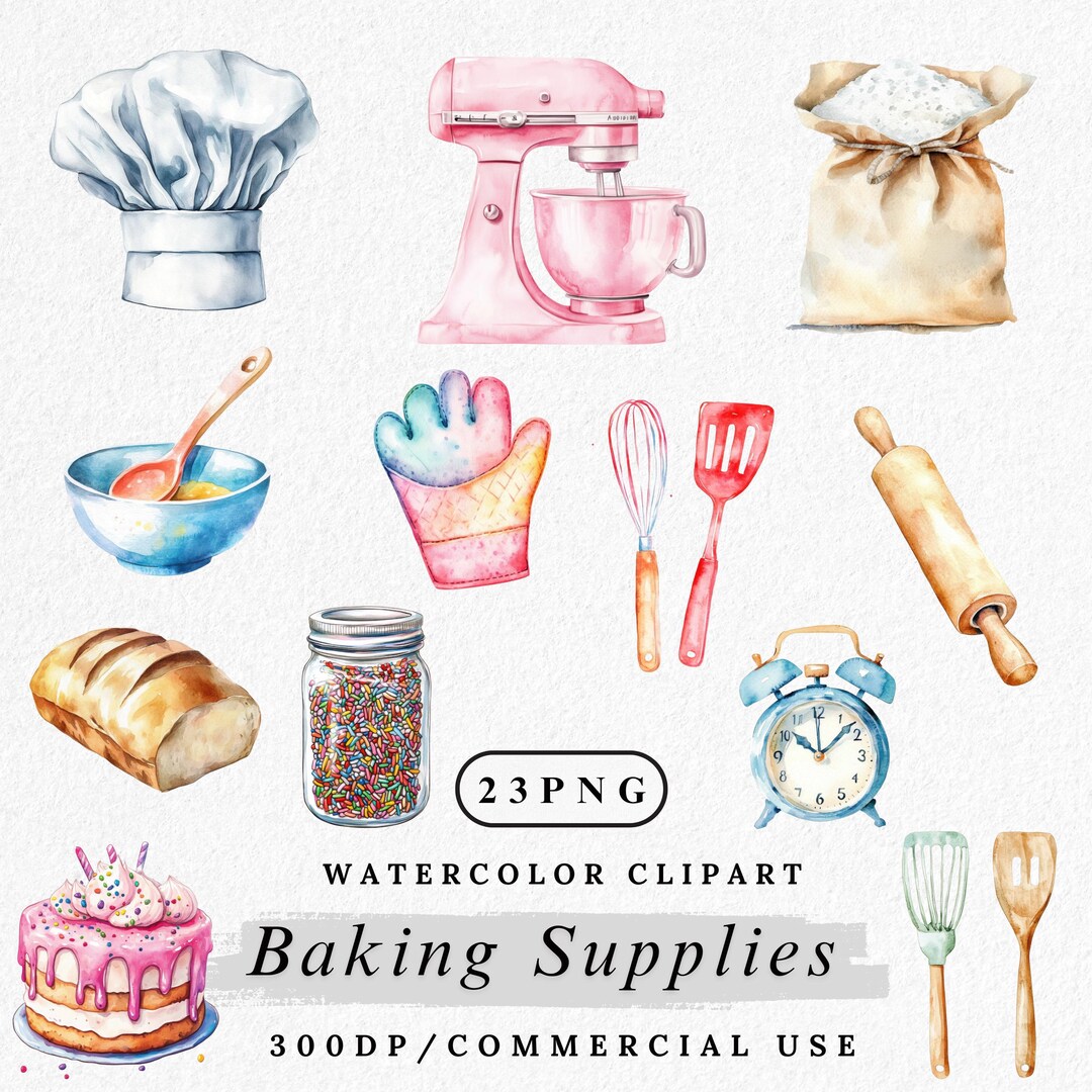 Baking Supplies Clipart Bundle, Watercolor Kitchen Tools and Baking ...