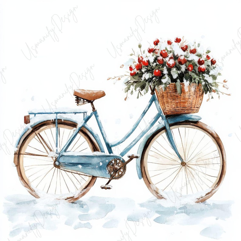 20 Bicycle in Snow Clipart, Watercolor Winter Bike, Bicycle Art, Rustic Winter Decor, Junk ...