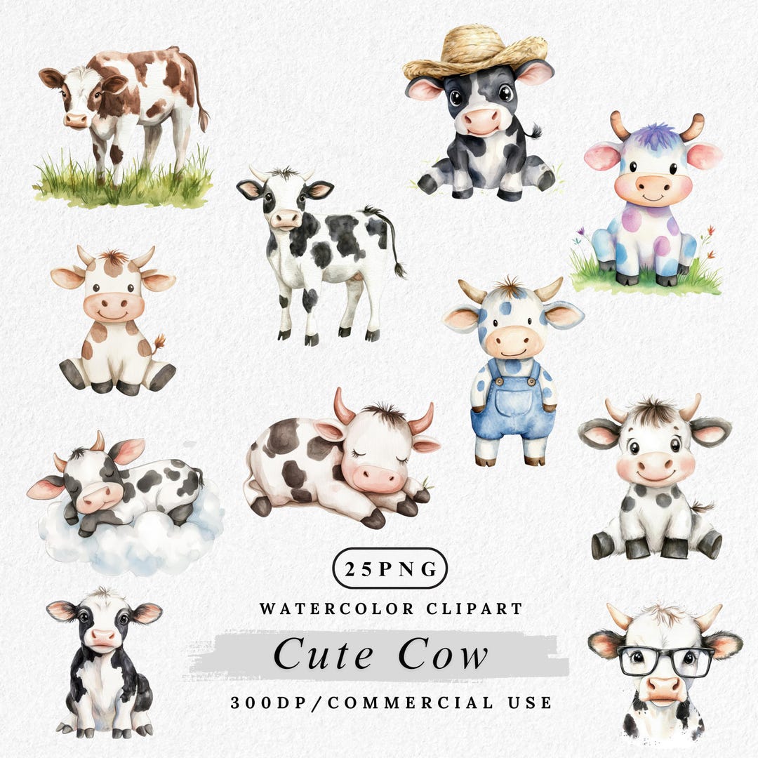 Cute Cow Clipart PNG Bundle, Kawaii Farm Animal Clipart, Watercolor Cow ...