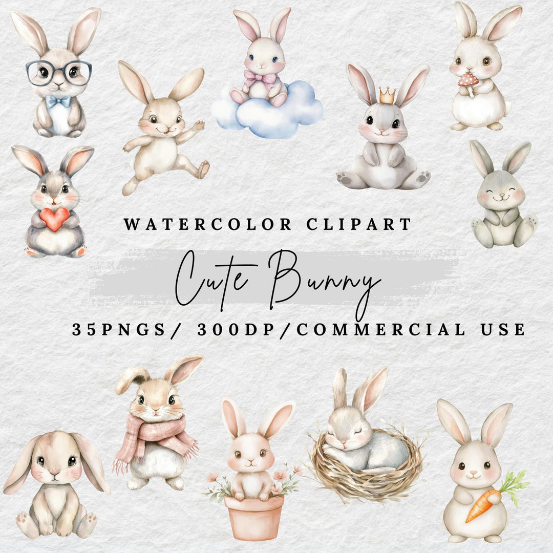 Watercolor Bunny Clipart, Cute Rabbit PNG, Spring Bunny Illustration ...