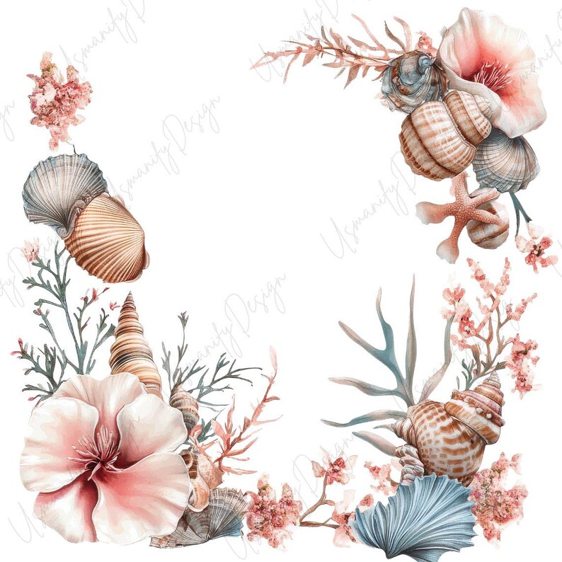 18 Watercolor Seashell Frame Art, Coastal Ocean Border Clipart, Beach ...