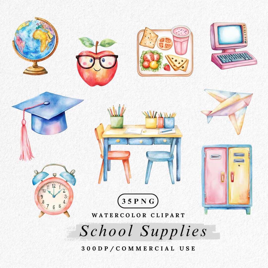 Watercolor School Supplies Clipart: 35 PNG Stationery Graphics (digital ...