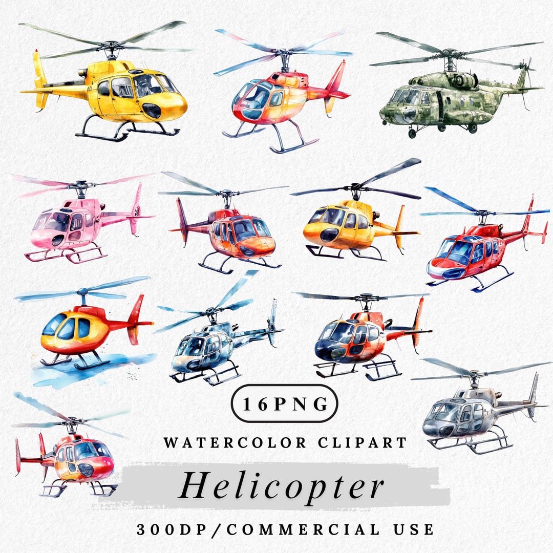 Watercolor Helicopter Clipart: Aviation PNG Graphics (digital Download ...