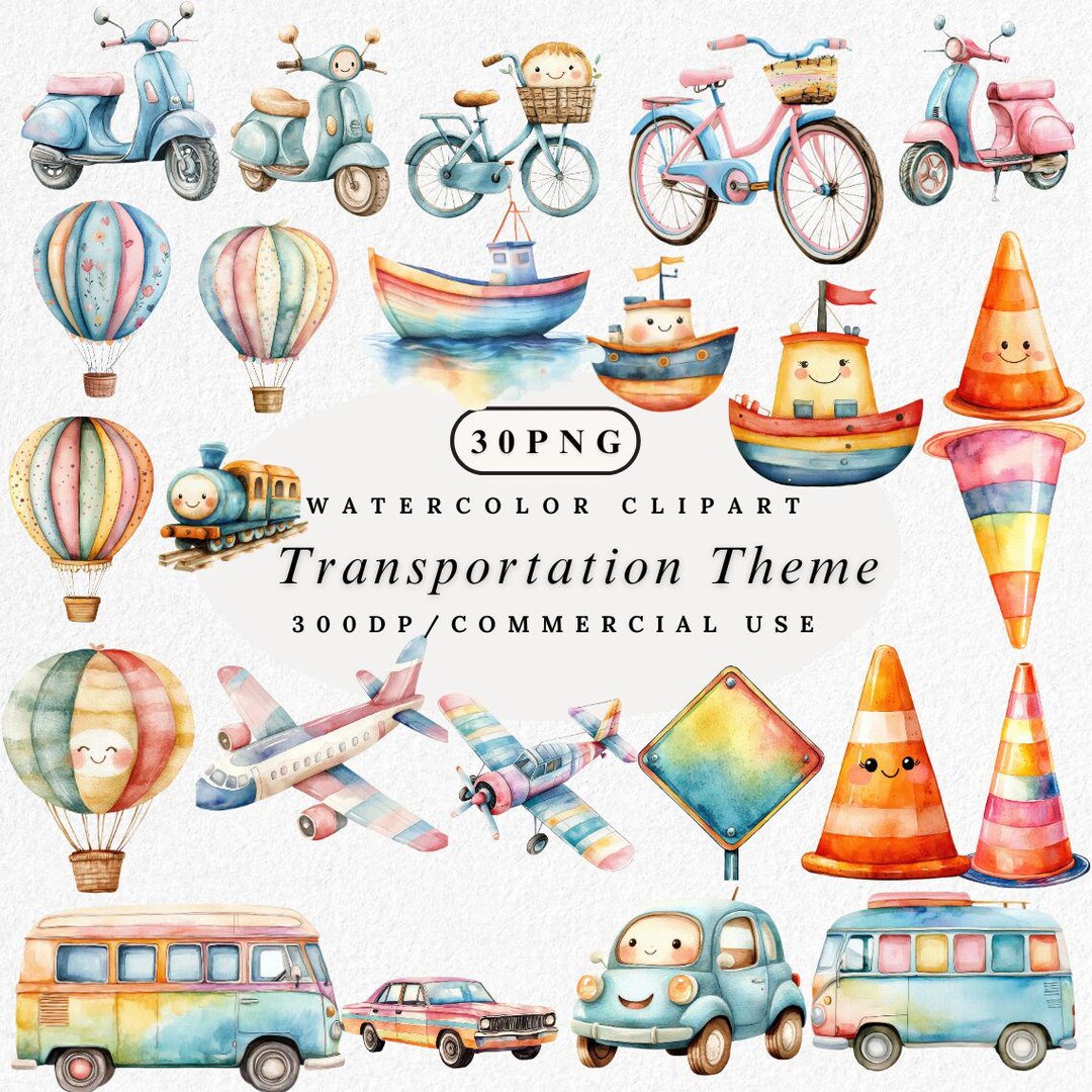 Transportation Theme Clipart: Watercolor Vehicles PNG Bundle, Cars ...