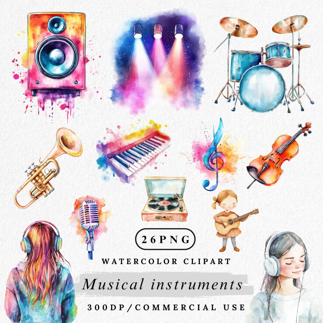 Watercolor Musical Instrument Clipart Bundle (PNG Digital Download ...