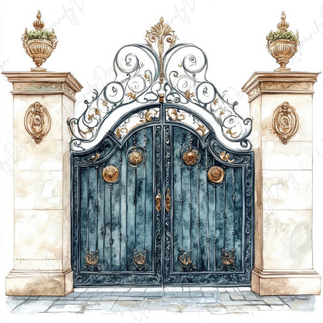 46 Watercolor Iron Gate Clipart, Ornate Gate JPG Art, Wrought Iron ...