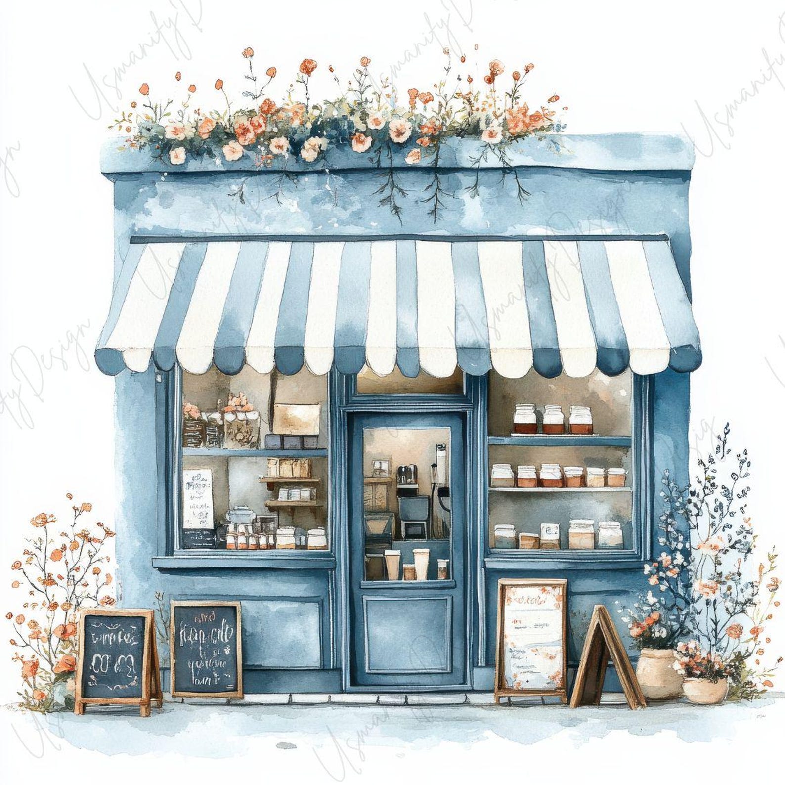 23 Watercolor Blue Storefront Clipart, Cozy Café Shop, European Street ...