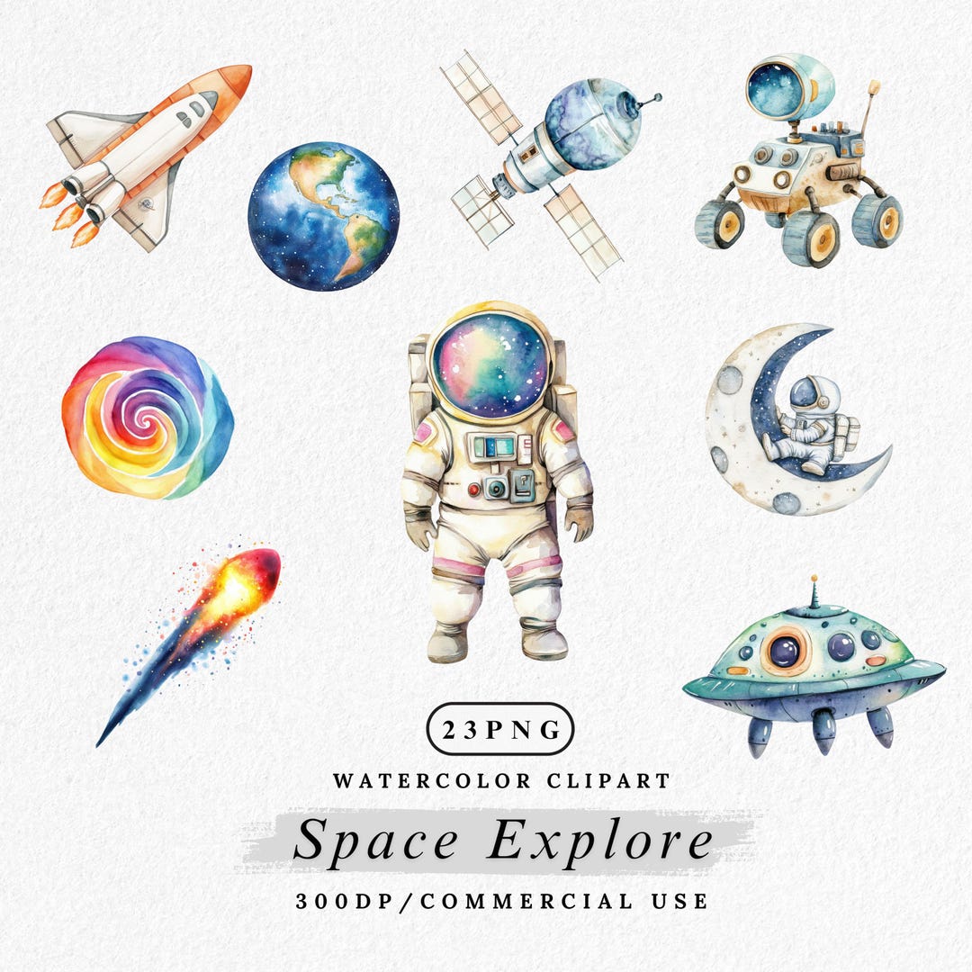 Watercolor Space Clipart PNG: Galaxy, Astronaut, Rocket (digital ...