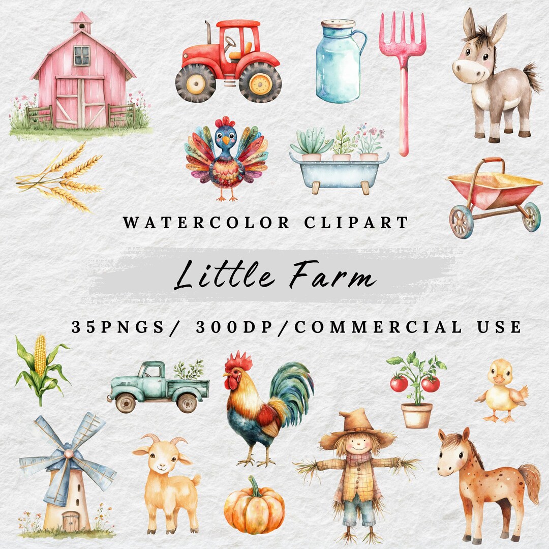 Watercolor Farm Animals Clipart: Rustic Barn, Tractor PNG (digital ...