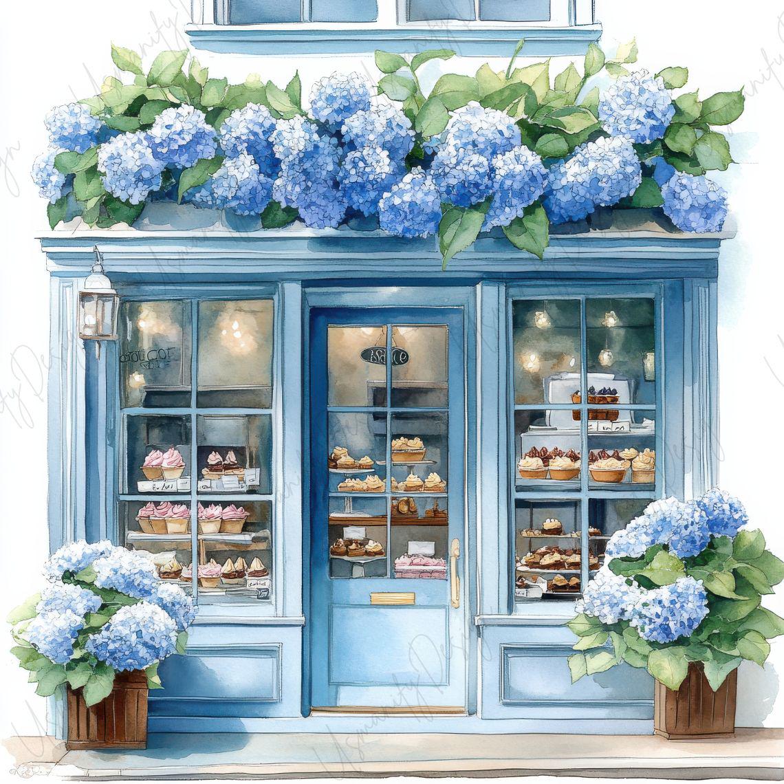 23 Watercolor Blue Storefront Clipart, Cozy Café Shop, European Street ...
