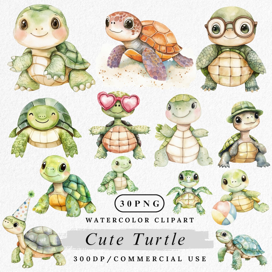 Turtle Clipart Bundle, Cute Turtle PNG, Watercolor Sea Turtle Illustration, Kawaii Animal Clip ...