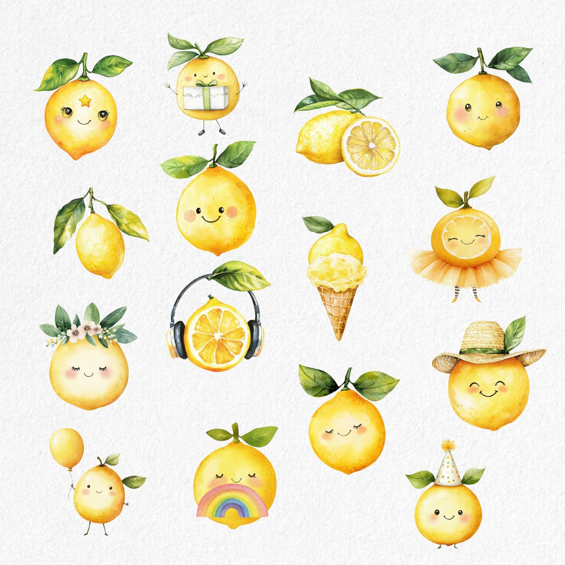 Kawaii Lemon Clipart: Watercolor Fruit Graphics (PNG Digital Download ...