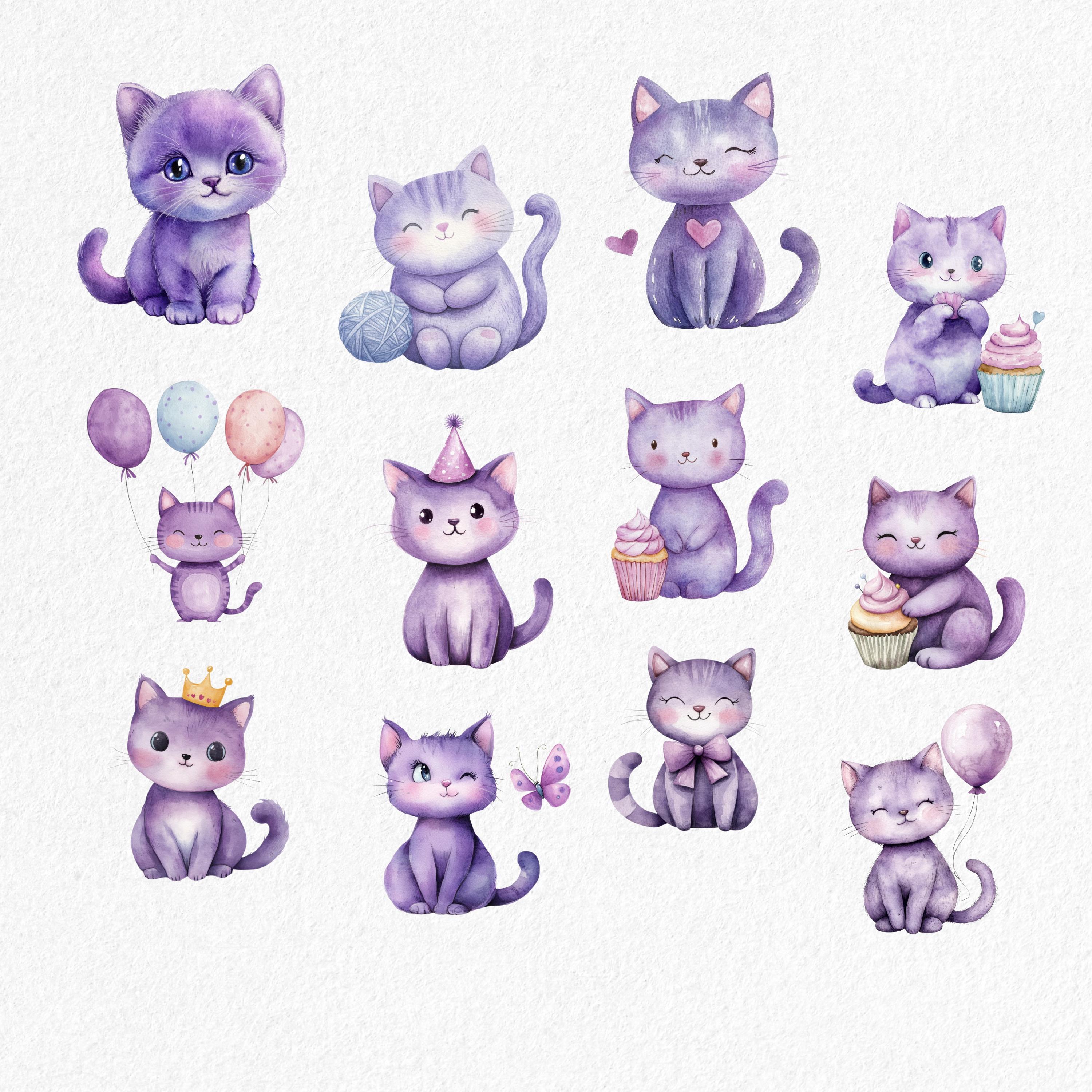 Purple Cat Clipart Bundle, Cute Watercolor Cat Pngs, Kawaii Purple ...