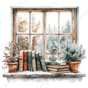 40 Winter Window Scene Clipart, Cozy Cottage View Illustration, Snowy ...