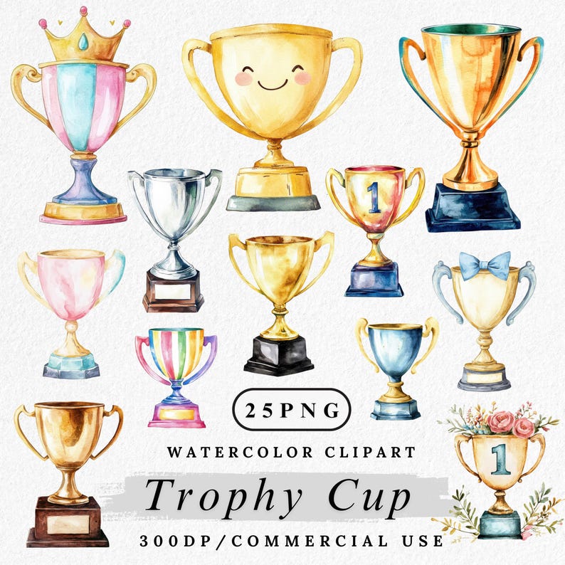 Watercolor Trophy Clipart: Champion Award PNG Images (digital Download ...