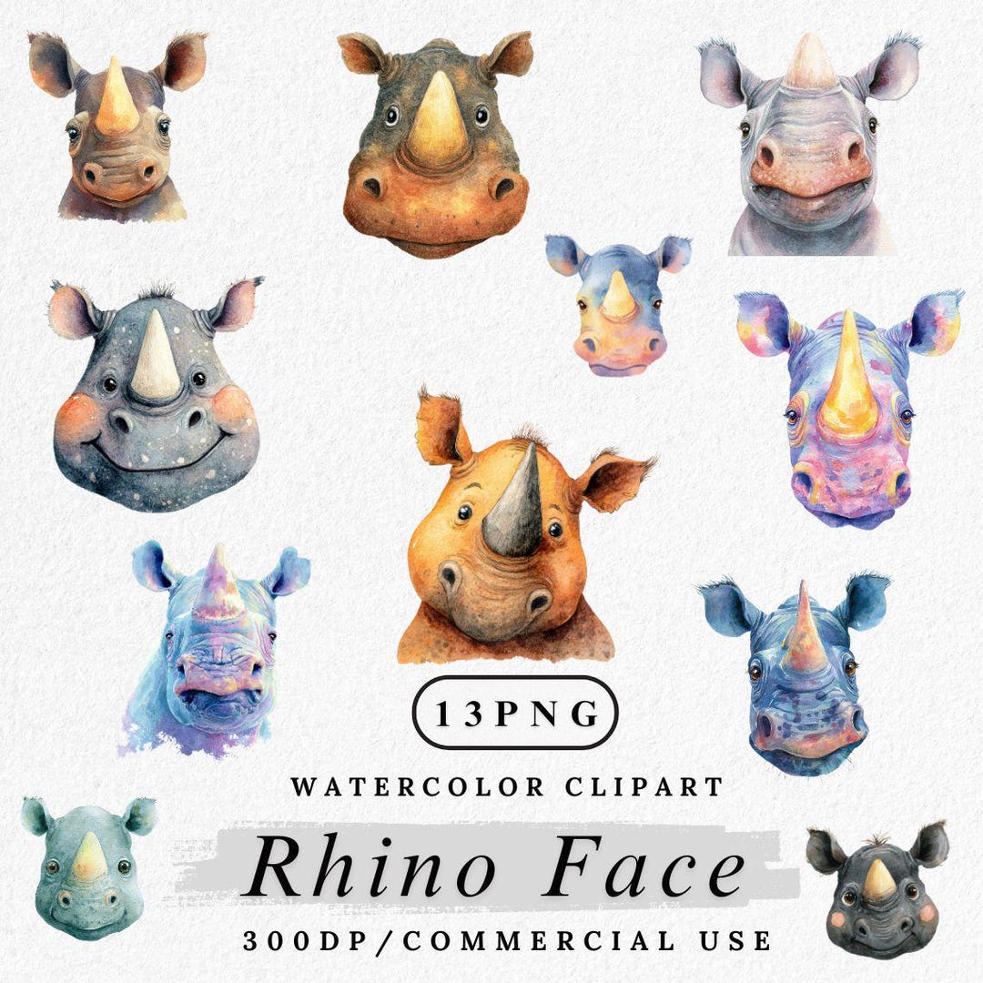 Rhino Face Clipart, Cute Rhino PNG Bundle, Cartoon Rhinoceros, Safari ...