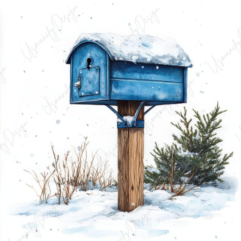 25 Snowy Mailbox Clipart, Watercolor Winter Postbox, Rustic Country Art ...