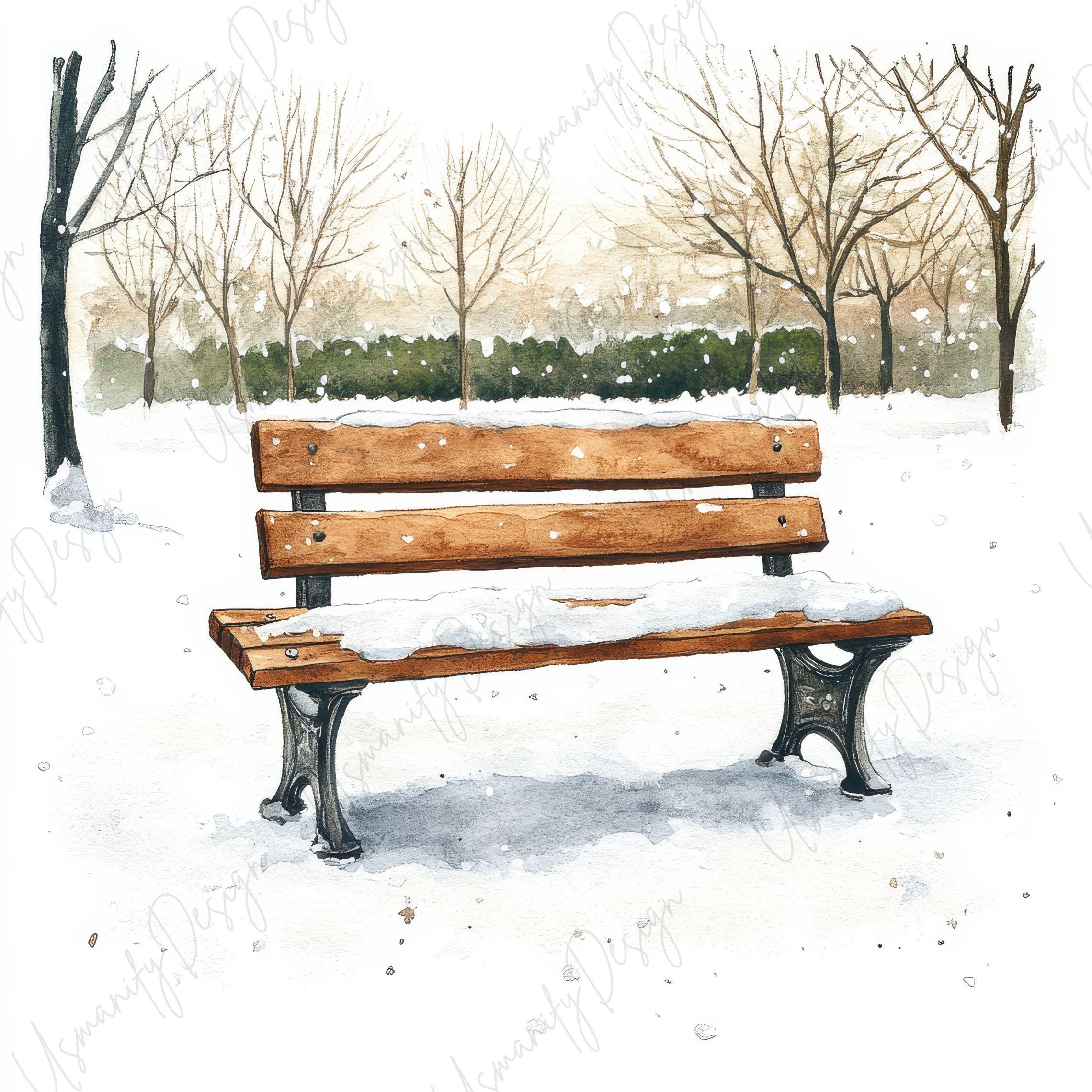 25 Winter Park Bench Clipart, Snowy Landscape Watercolor Art, Cozy ...