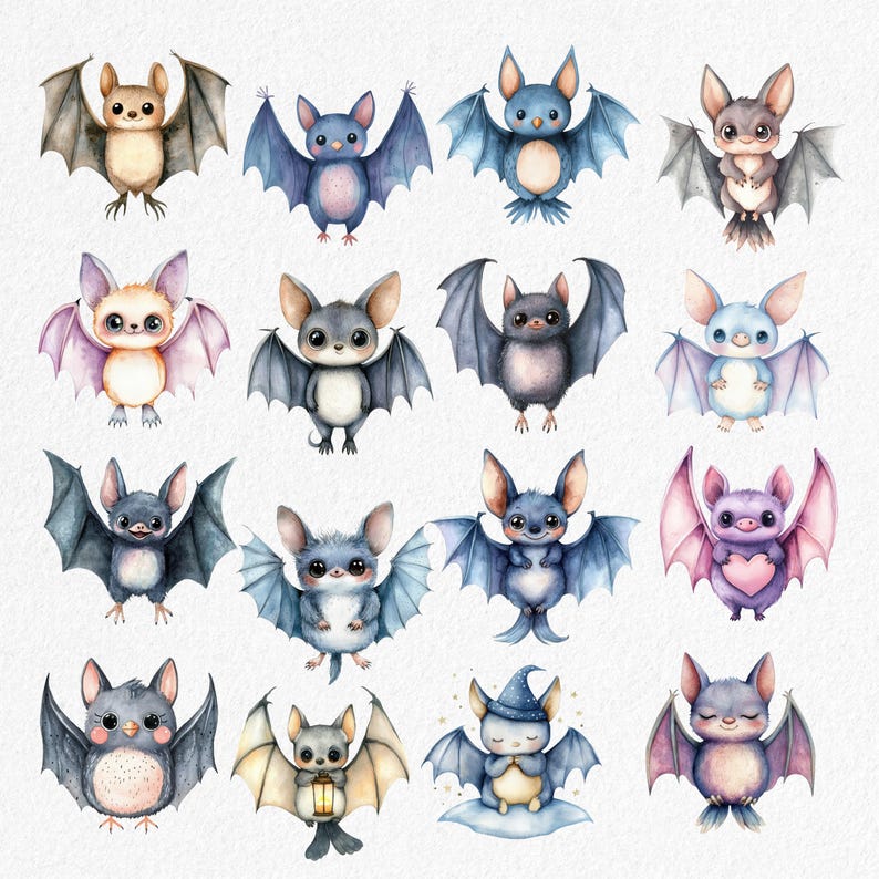 Cute Bat Clipart Bundle, Kawaii Bat Characters PNG, Watercolor Bats Png ...
