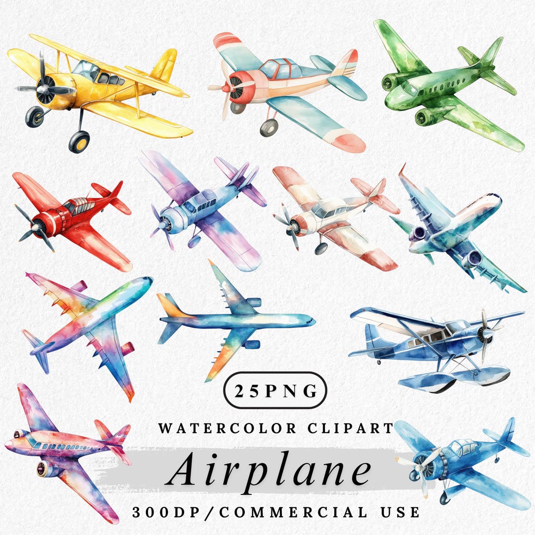 Watercolor Airplane Clipart: Travel Graphics, Commercial Use (digital ...