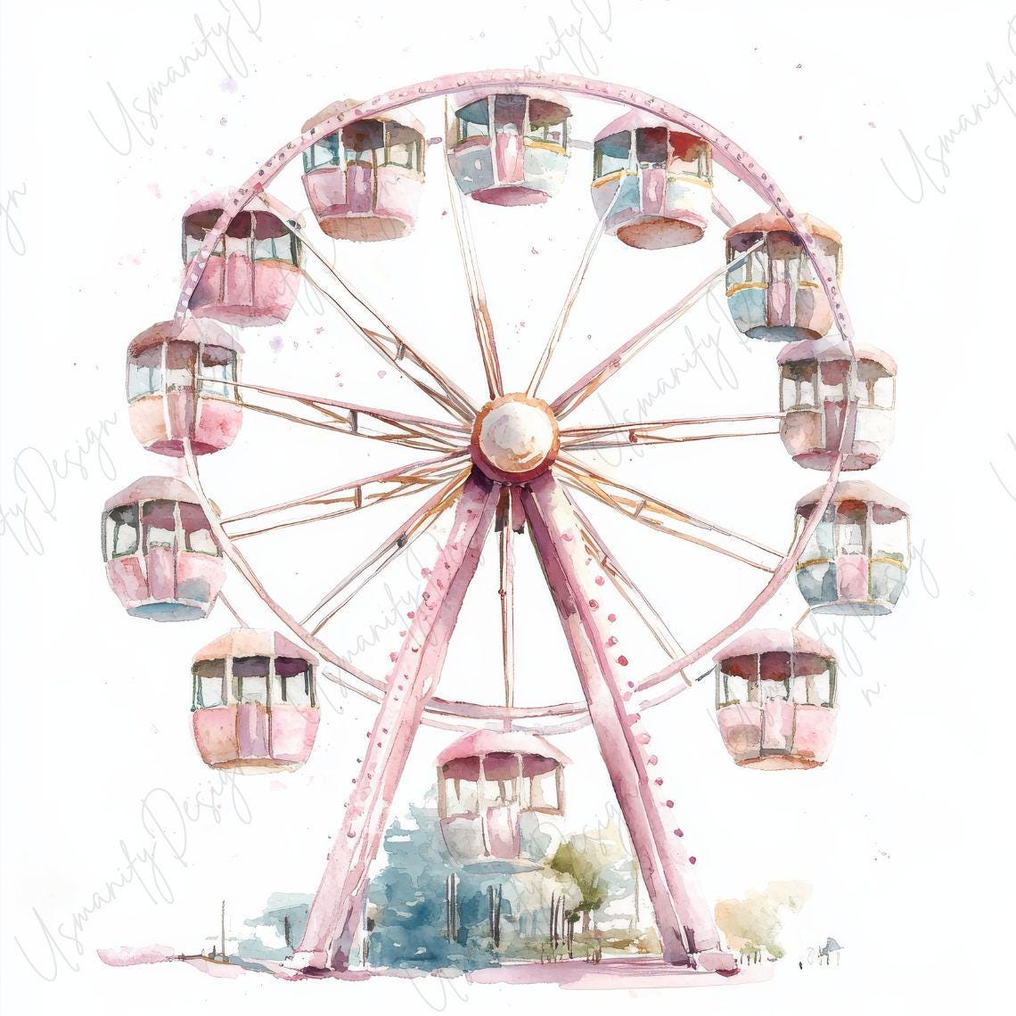 10 Ferris Wheel Clipart, Watercolor Carnival Ride Art, Amusement Park ...