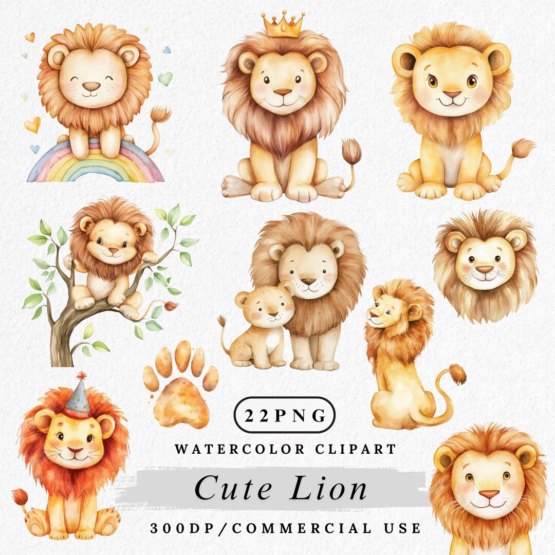 Lion Clipart Bundle, Cute Lion PNG, Watercolor Safari Animal Clip Art ...
