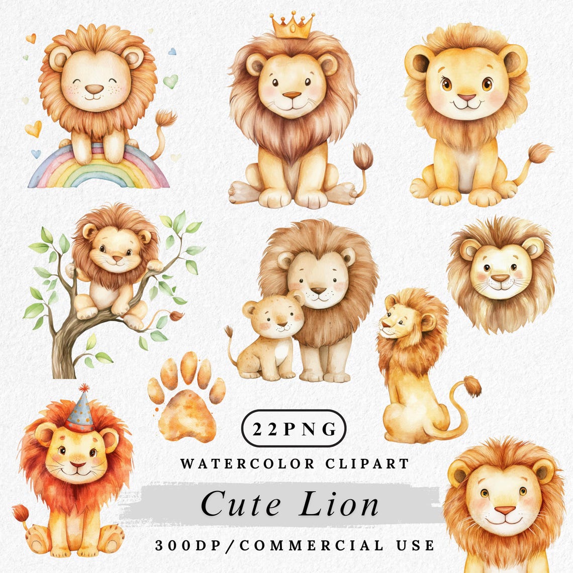 Lion Clipart Bundle, Cute Lion PNG, Watercolor Safari Animal Clip Art ...