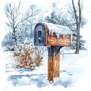 25 Snowy Mailbox Clipart, Watercolor Winter Postbox, Rustic Country Art ...