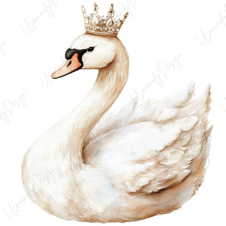 17 Watercolor Swan Clipart, Royal Swan JPG Art, Crown Swan Illustration ...