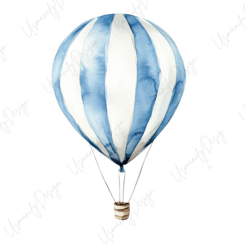 20 Watercolor Hot Air Balloon Art, Blue Vintage Balloon Clipart, Travel ...
