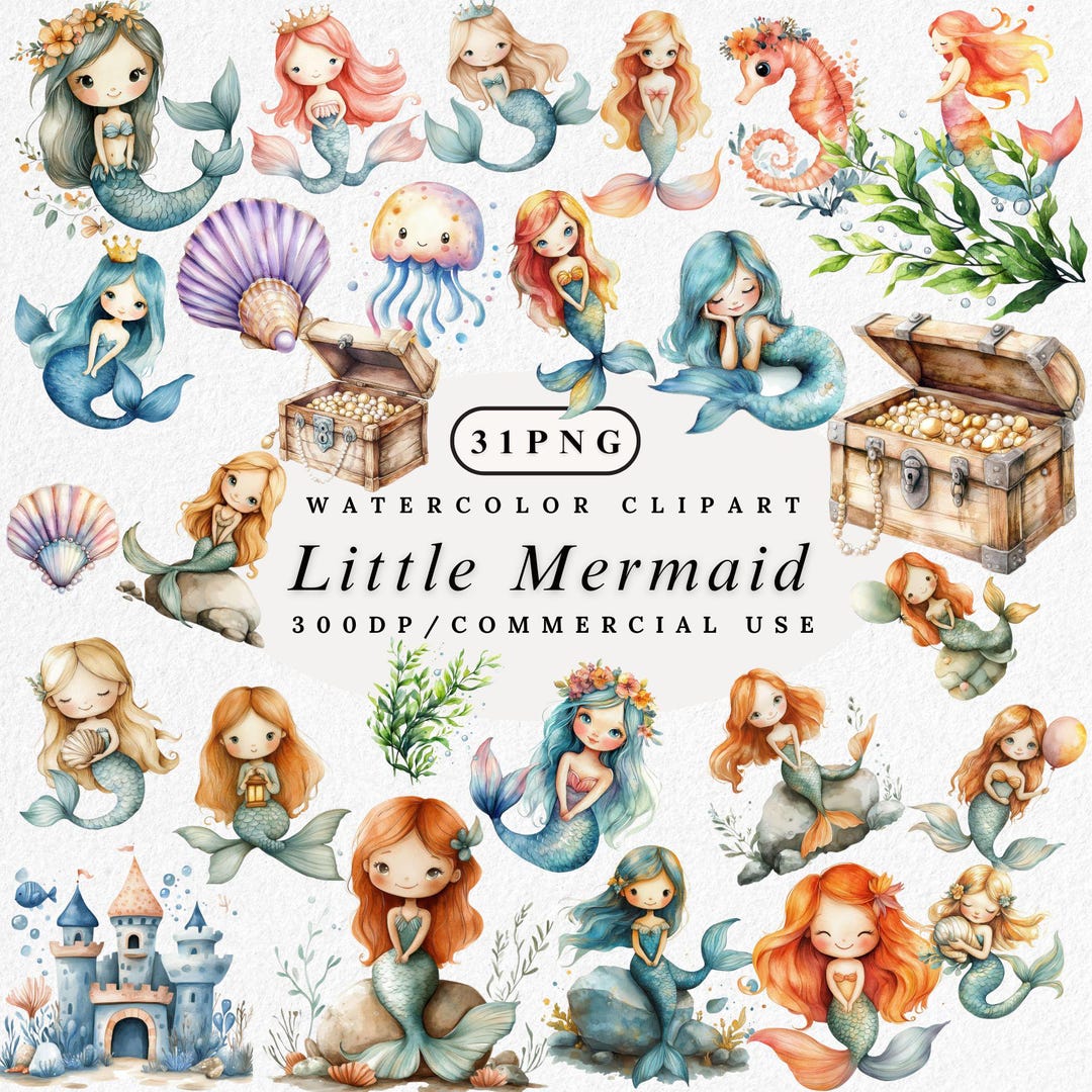 Little Mermaid Clipart: Watercolor Ocean PNG Bundle, Cute Mermaid ...