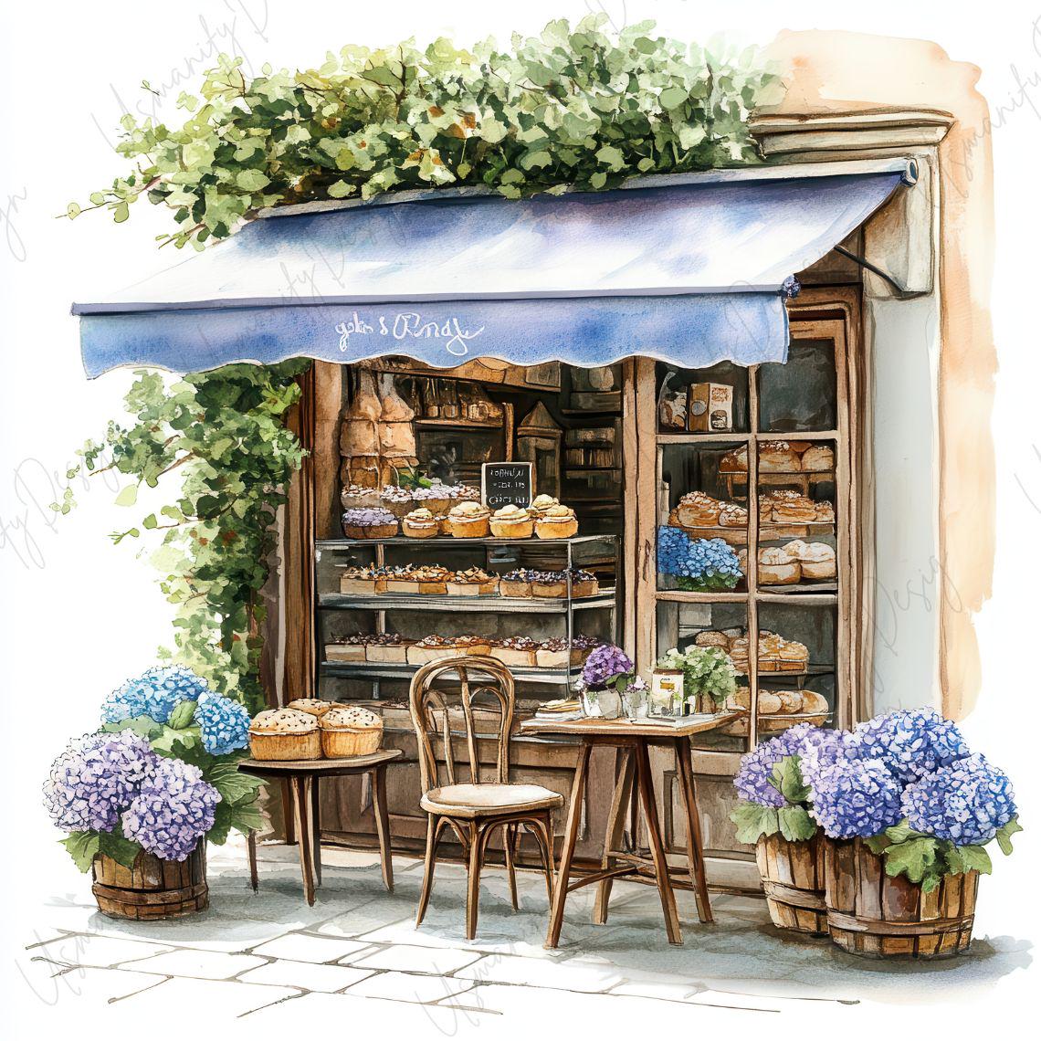 23 Watercolor Blue Storefront Clipart, Cozy Café Shop, European Street ...