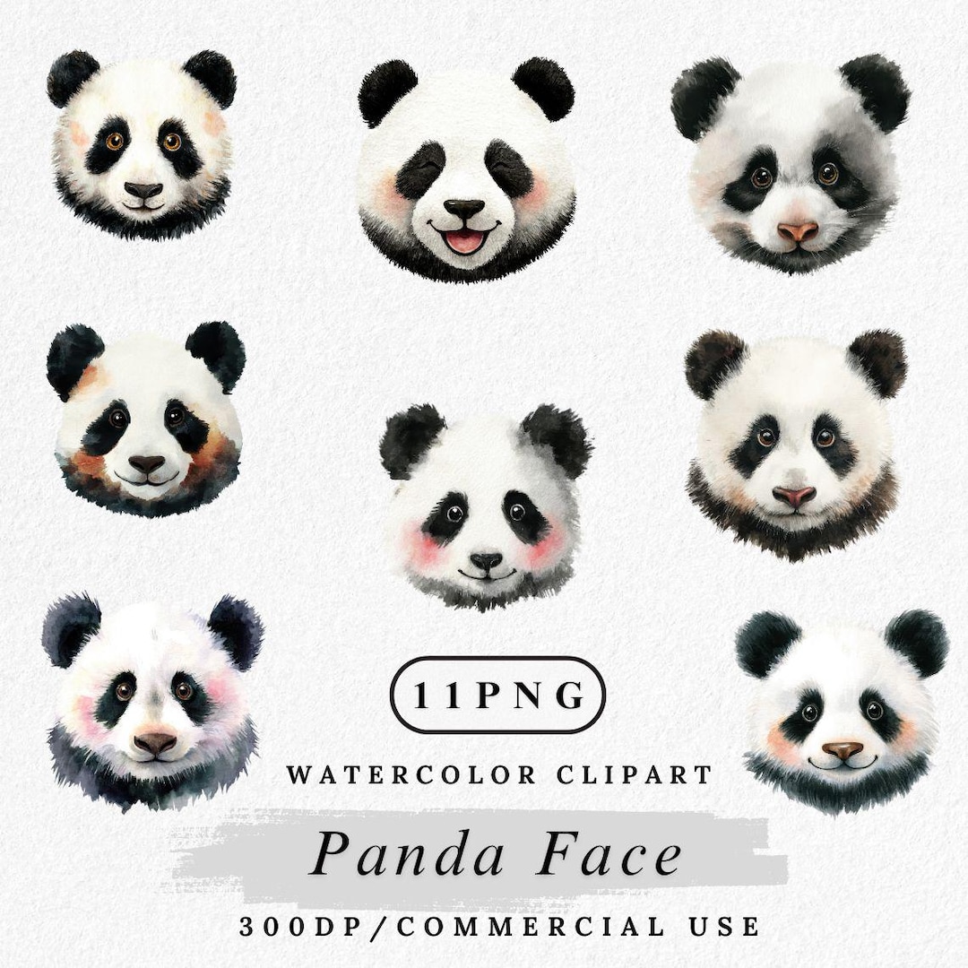 Panda Face Clipart, Cute Panda PNG Bundle, Watercolor Panda Head Clip ...