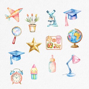 Watercolor School Supplies Clipart: 35 PNG Stationery Graphics (digital ...