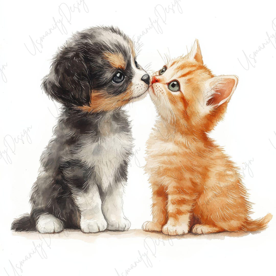 16 Watercolor Puppy and Kitten Clipart, Cute Dog and Cat, Friendship ...