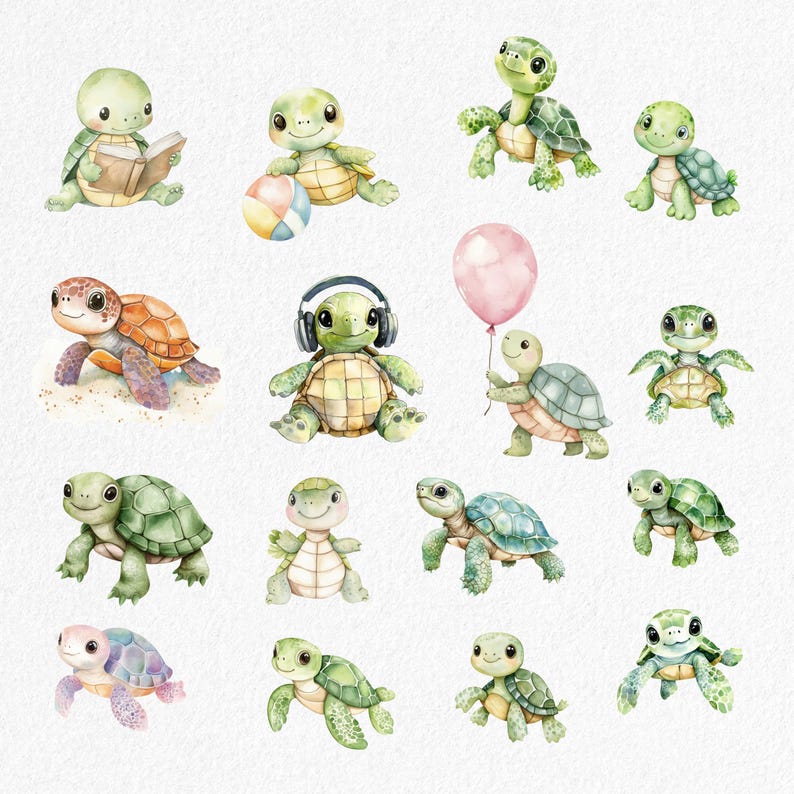 Turtle Clipart Bundle, Cute Turtle PNG, Watercolor Sea Turtle ...
