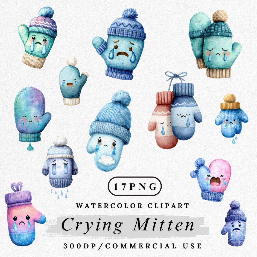 Crying Mitten Clipart, Cute Winter PNG Bundle, Kawaii Mitten, Sad Glove ...