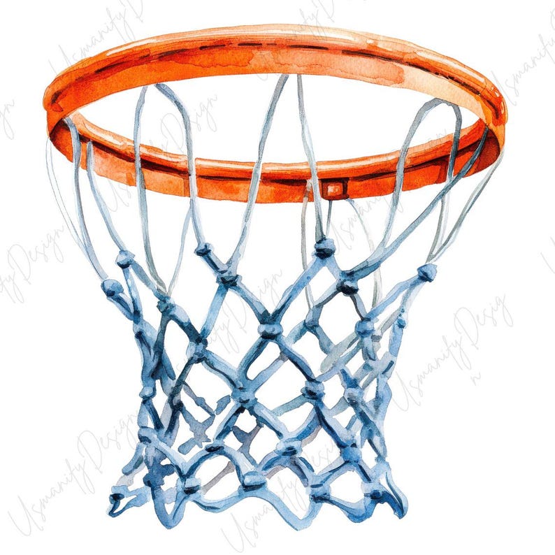 13 Watercolor Basketball Hoop Art, Sports Net Clipart Set, Orange Rim ...