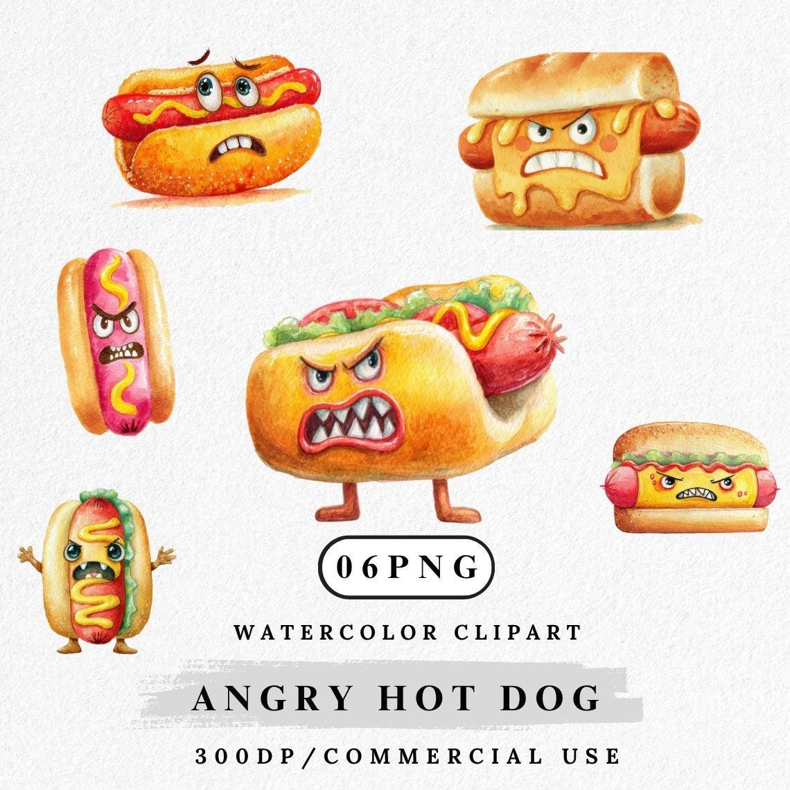 Funny Angry Hot Dog Clipart: Cartoon Food PNG Bundle (digital Download ...