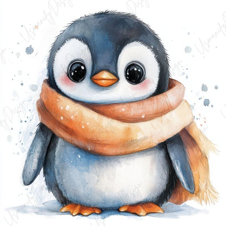 9 Watercolor Penguin Clipart, Cute Winter Animal Art, Cozy Baby Penguin ...