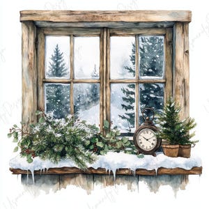 40 Winter Window Scene Clipart, Cozy Cottage View Illustration, Snowy ...
