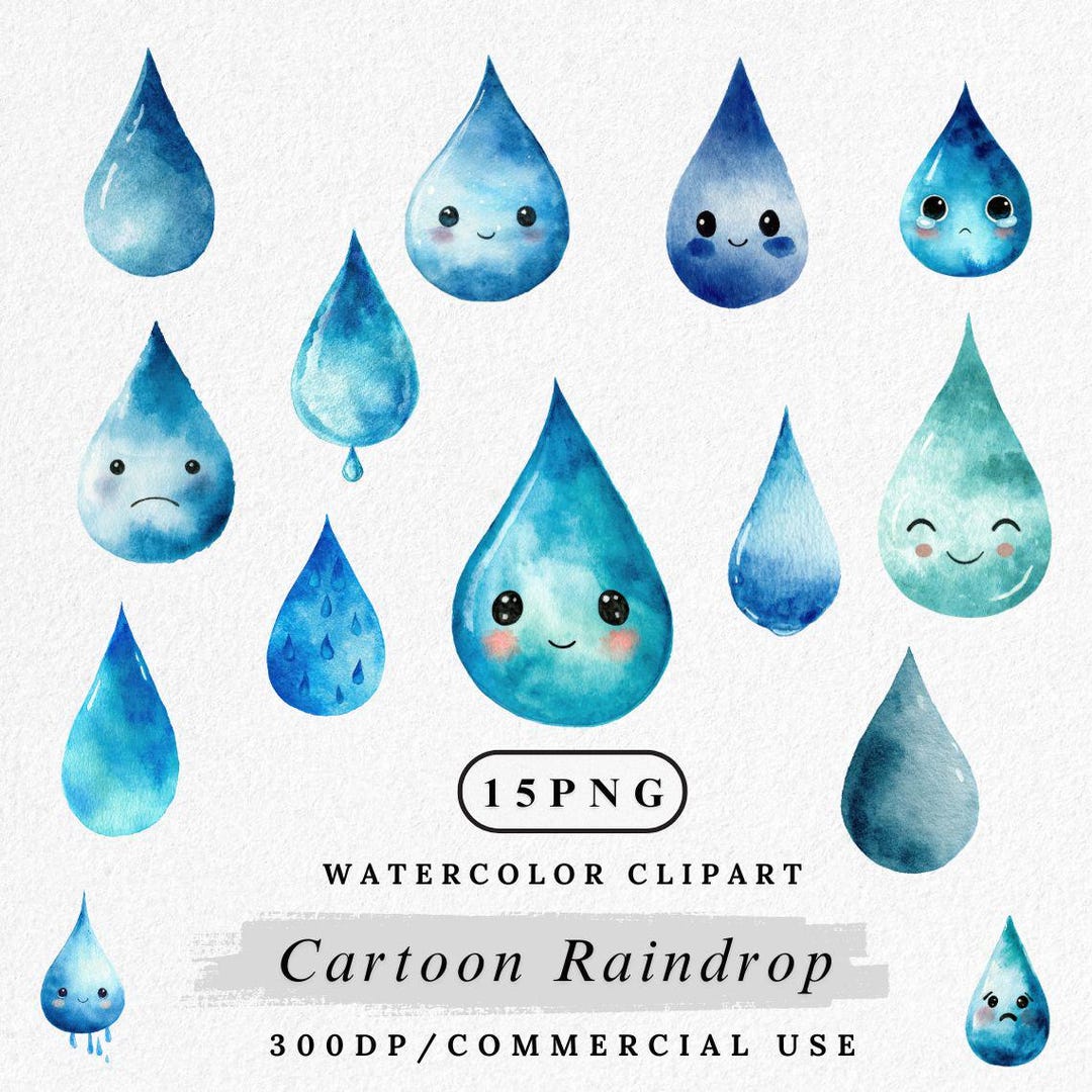 Cartoon Raindrop Clipart, Cute Water Drop PNG Bundle, Kawaii Weather ...
