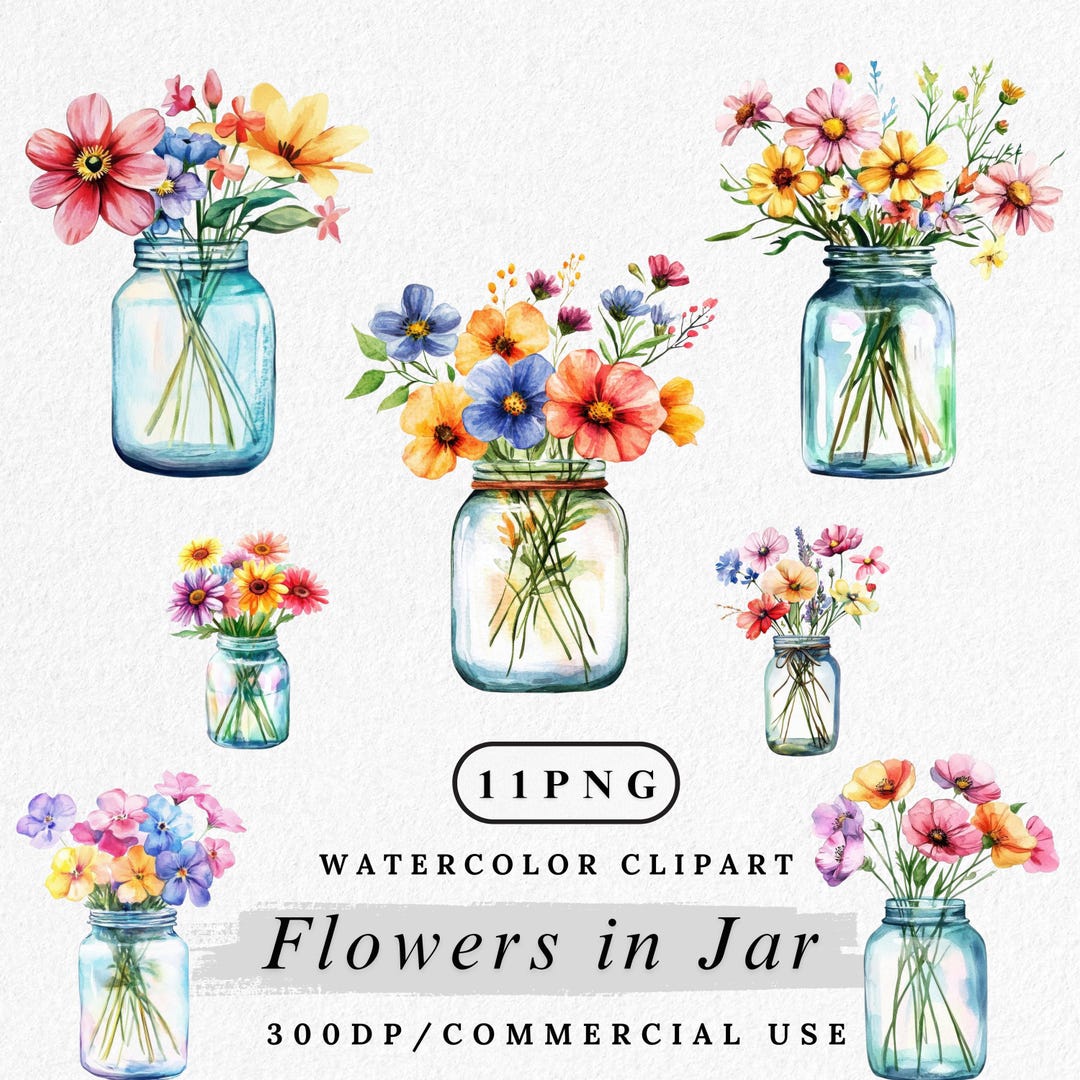 Flower in Jar Clipart, Watercolor Floral Jar PNG, Mason Jar Flower Art ...