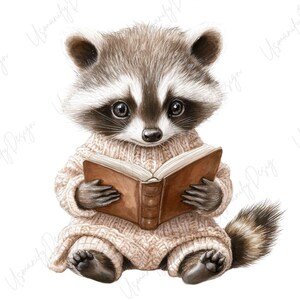 19 Watercolor Reading Raccoon Art, Book Lover Raccoon Clipart Set, Cozy ...