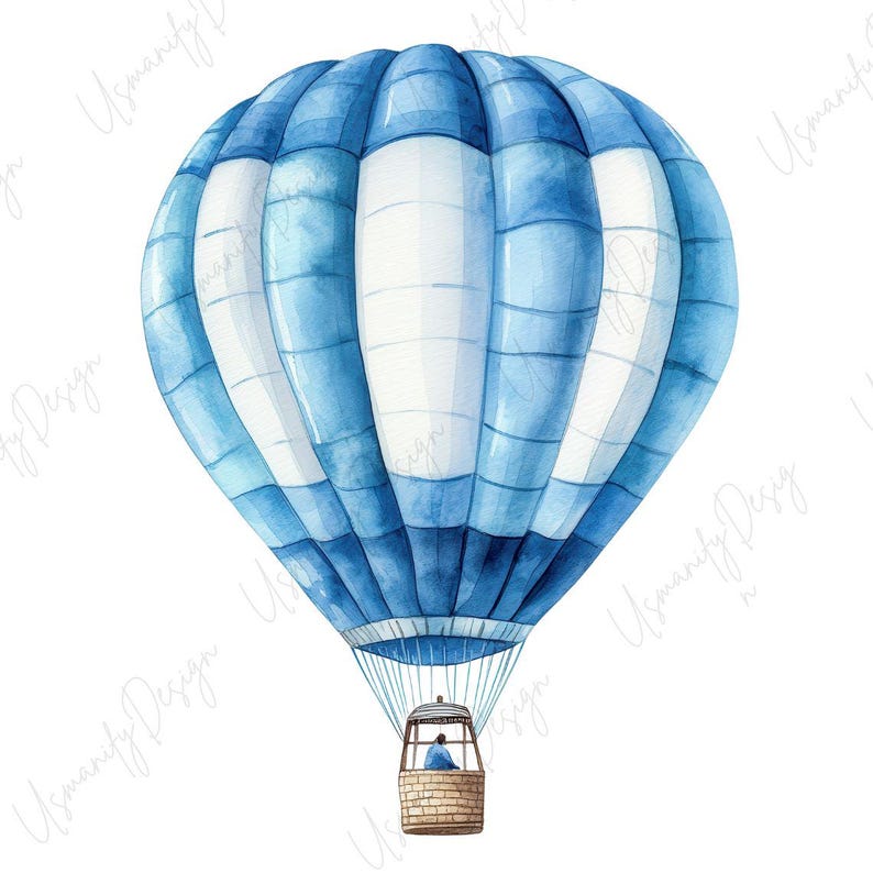 20 Watercolor Hot Air Balloon Art, Blue Vintage Balloon Clipart, Travel ...