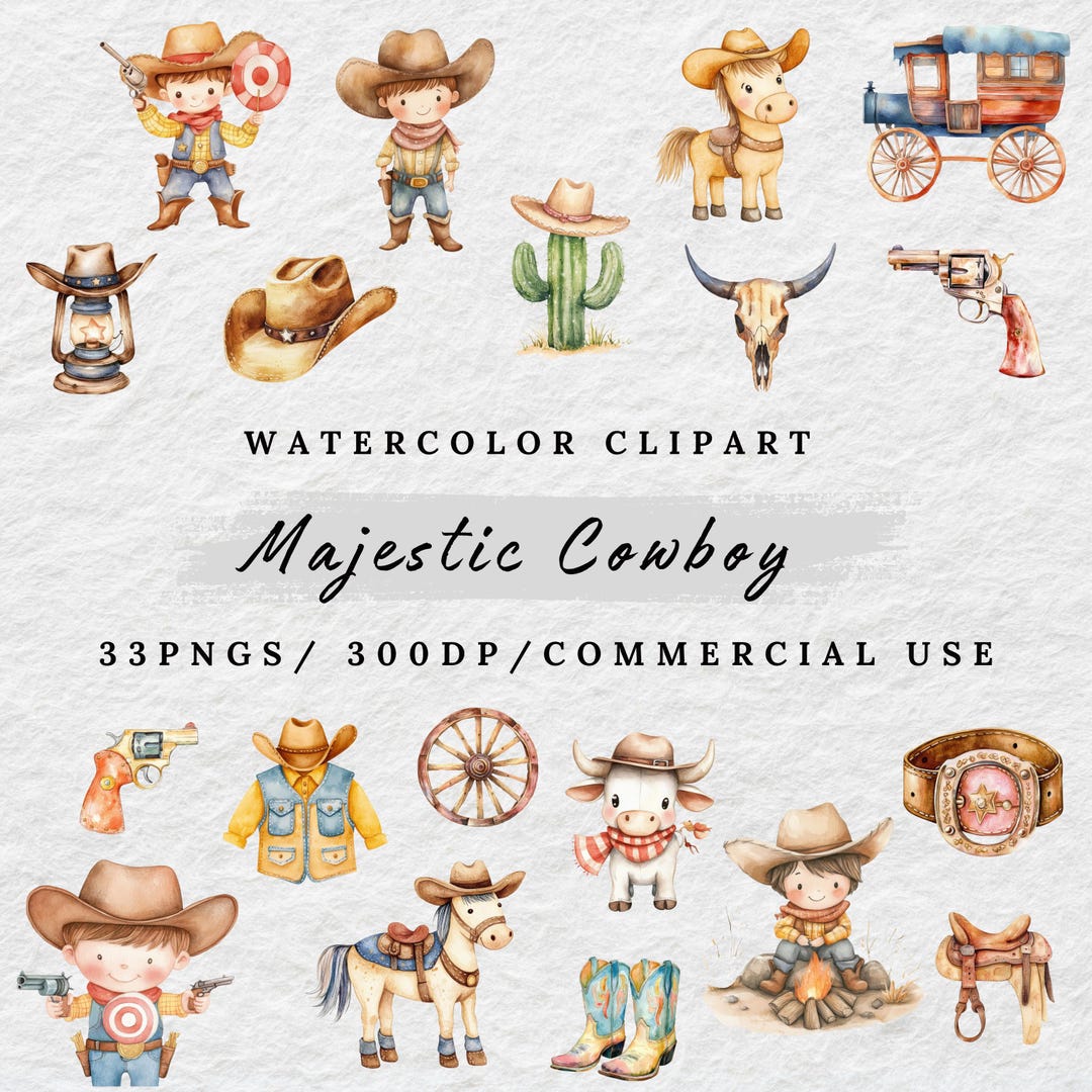 Watercolor Cowboy Clipart: Western Graphics, Horse & Outfit PNG ...