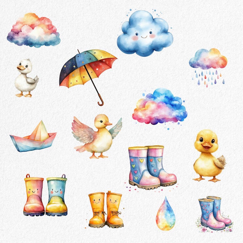 Rainy Day Clipart: Watercolor Weather PNG Bundle, Cute Umbrella and ...