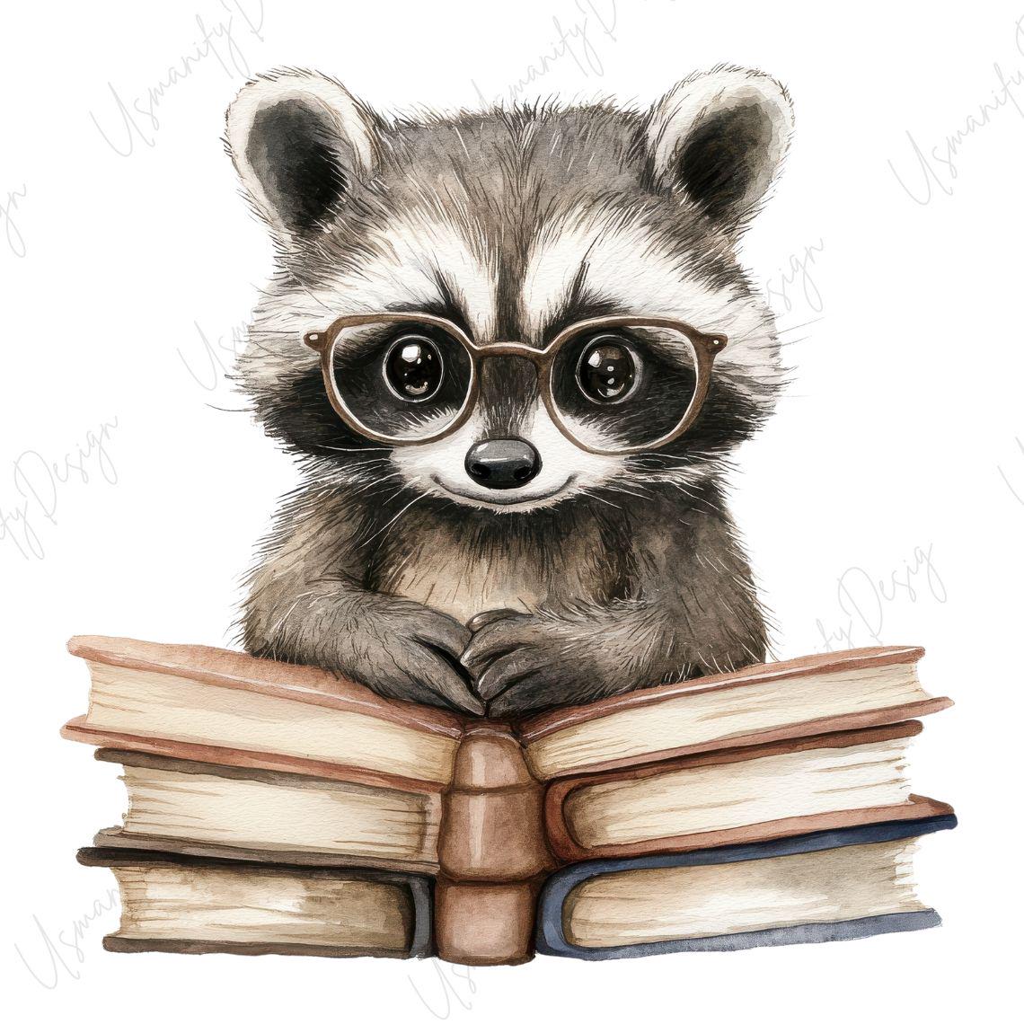 19 Watercolor Reading Raccoon Art, Book Lover Raccoon Clipart Set, Cozy ...