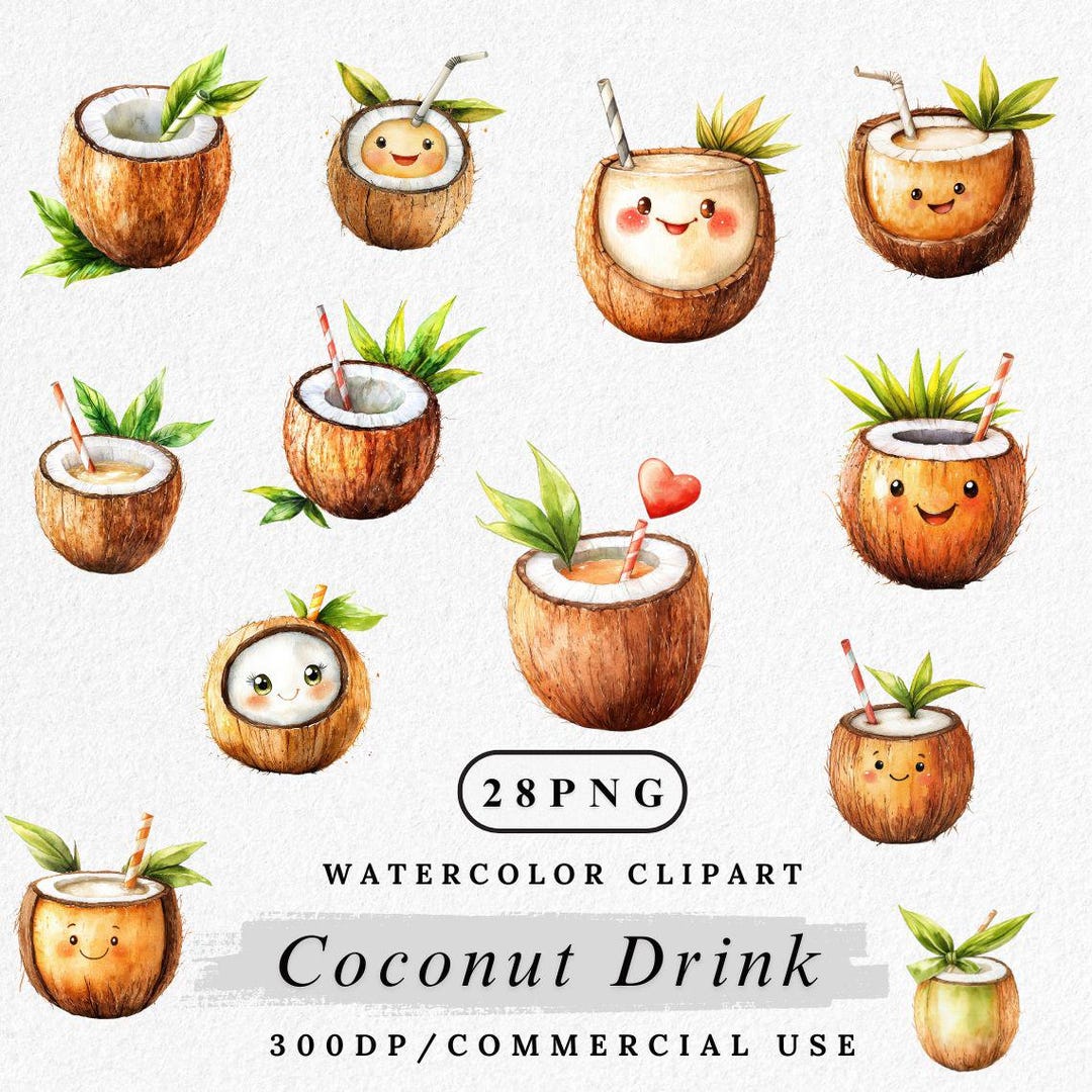 Coconut Drink Watercolor Clipart Bundle: Tropical Summer PNG (digital ...